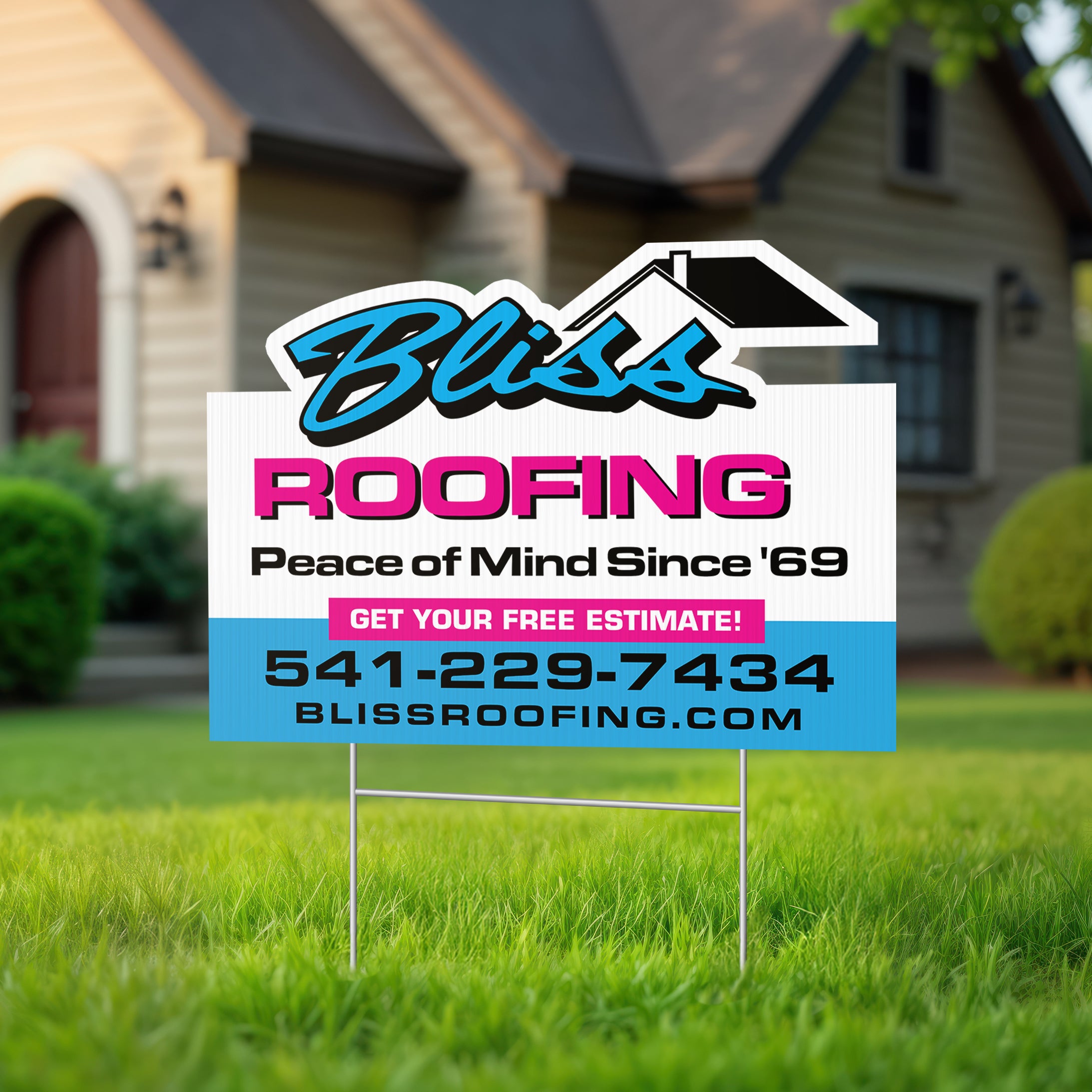DOUBLE SIDED DIE-CUT YARD SIGNS - BLISS ROOFING – Vertex Print Shop